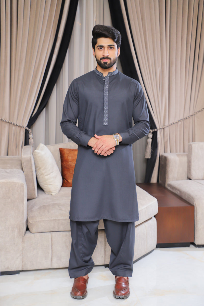Men’s Charcol Embroidered Shalwar Kameez – Premium Blended Fabric – Saeed Ajmal Stores