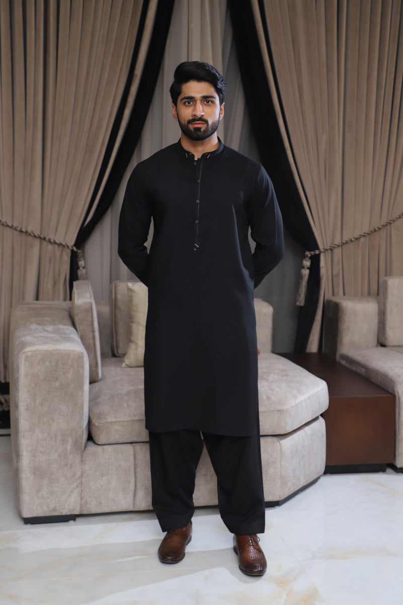 Men’s Noir Black Shalwar Kameez – Premium Blended Fabric – Saeed Ajmal Stores